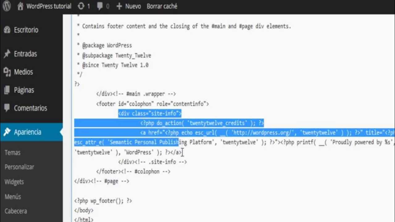 Cómo quitar creado con WordPress en el tema Twenty Twelve - YouTube
