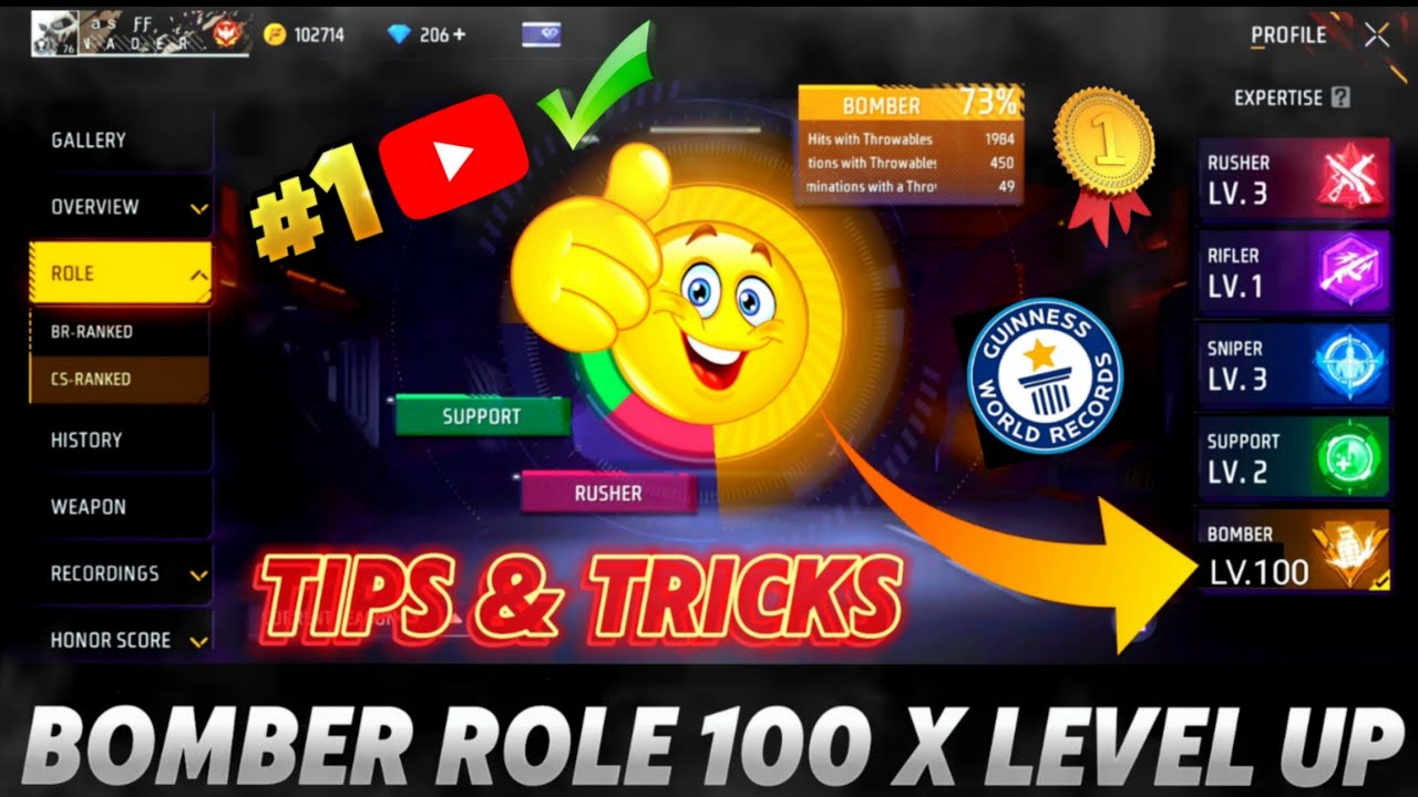 BOMBER ROLE SYSTEM FREE FIRE CS RANK - 100 X LEVEL UP TIPS & TRICKS ...