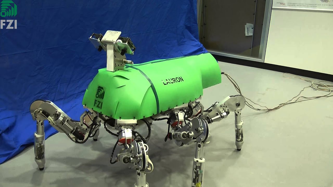 Walking Robot LAURON V - First Steps @ Night before ICRA - YouTube
