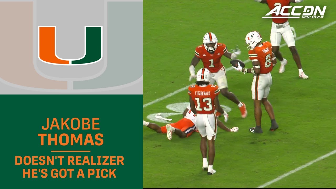 Miami DB Jakobe Thomas Doesn't Realize He's Got An Interception - YouTube