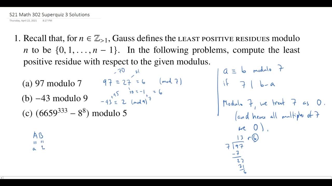 Modular Arithmetic and Least Positive Residues, Superquiz 3 Problem 1 - YouTube