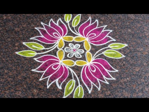 Beautiful Lotus Flower Rangoli Design 🌸Easy Daily Muggu | Simple Color Rangoli Step by Step #rangoli