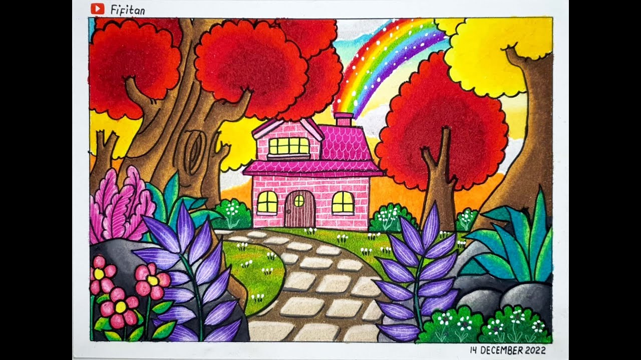 Cara Menggambar Rumah Musim Gugur Dan Gradasi Warna Oilpastel Ep 376
