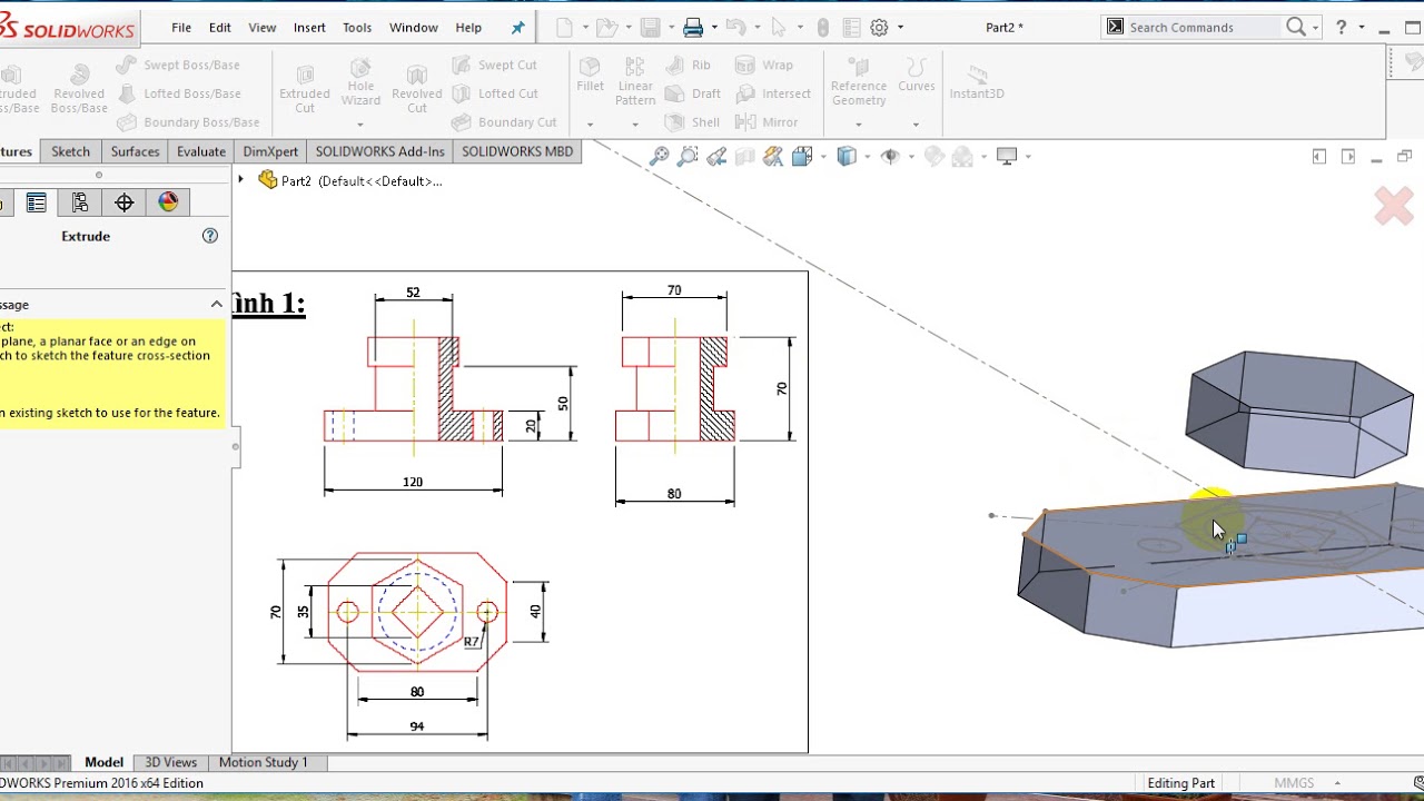 Bài 11 Thực hành vẽ chi tiết sử dụng Extrude Boss Base, Extrude Cut ...