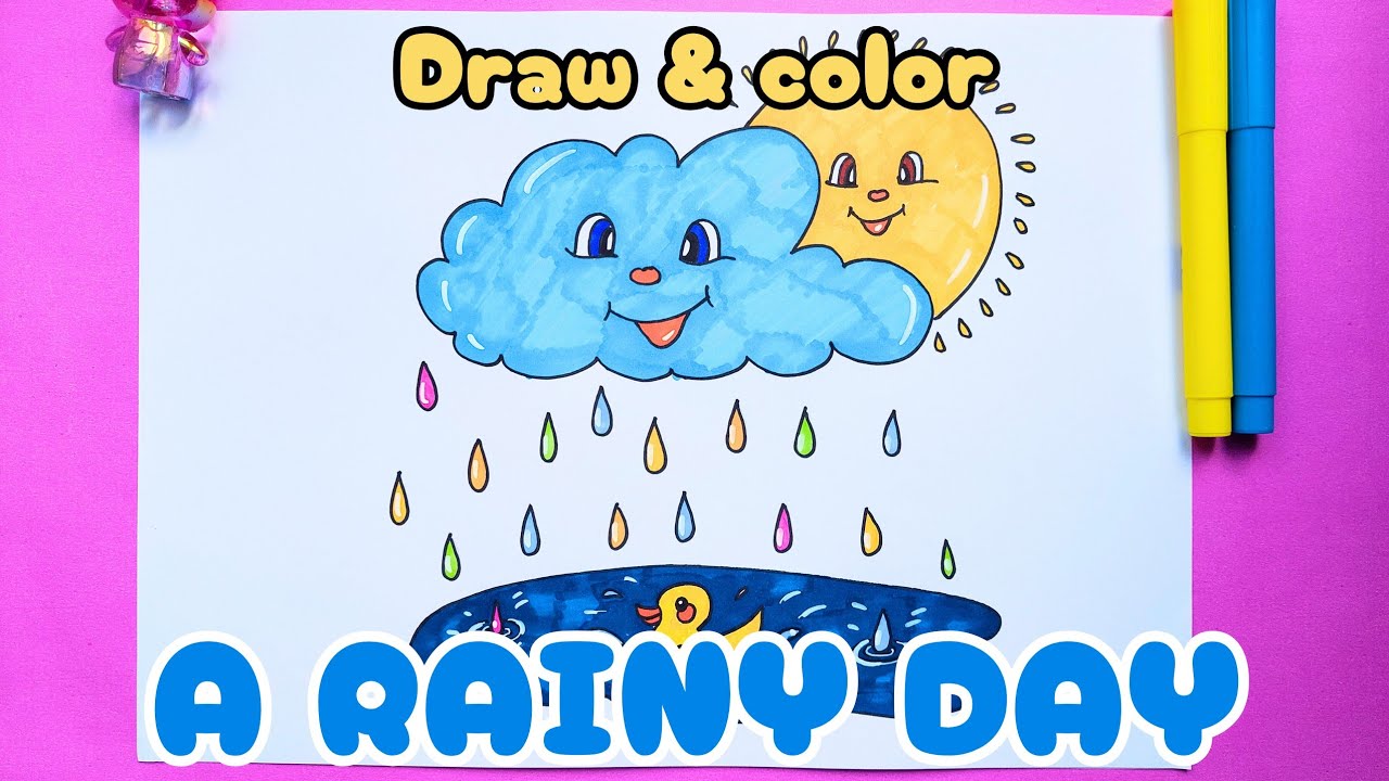 How to draw a Rainy Day step-by-step for kids. How to draw a Rain Cloud ...