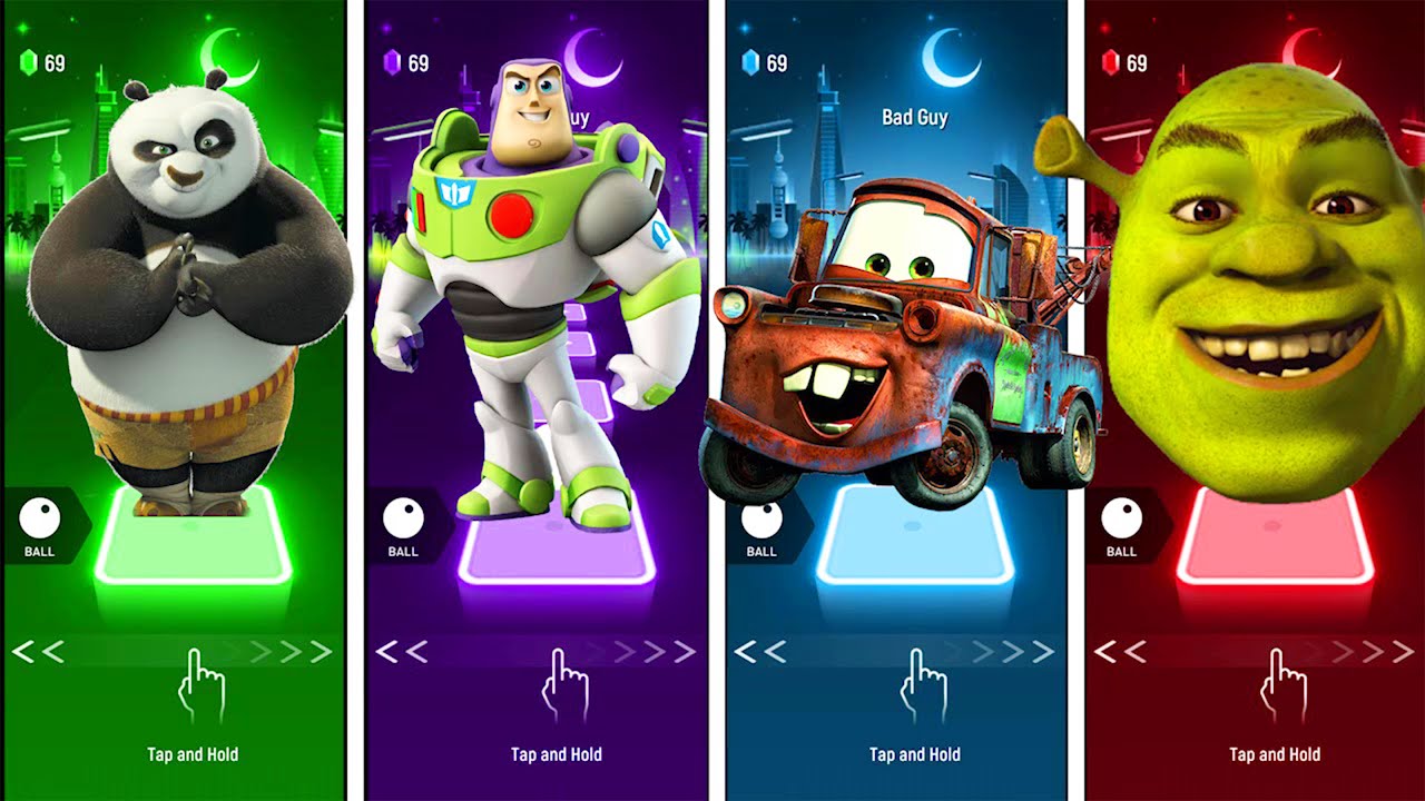 🟢Kung Fu Panda🟣Buzz Lightyear🔵Mater🔴Shrek🎶Tiles Hop EDM Rush! - YouTube