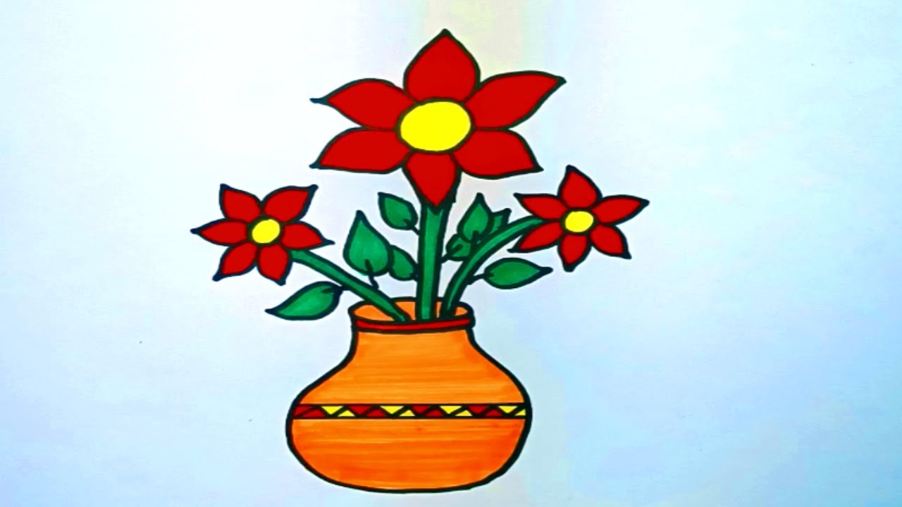 Drawing of flower basket with flowers || How to draw a flower basket ...