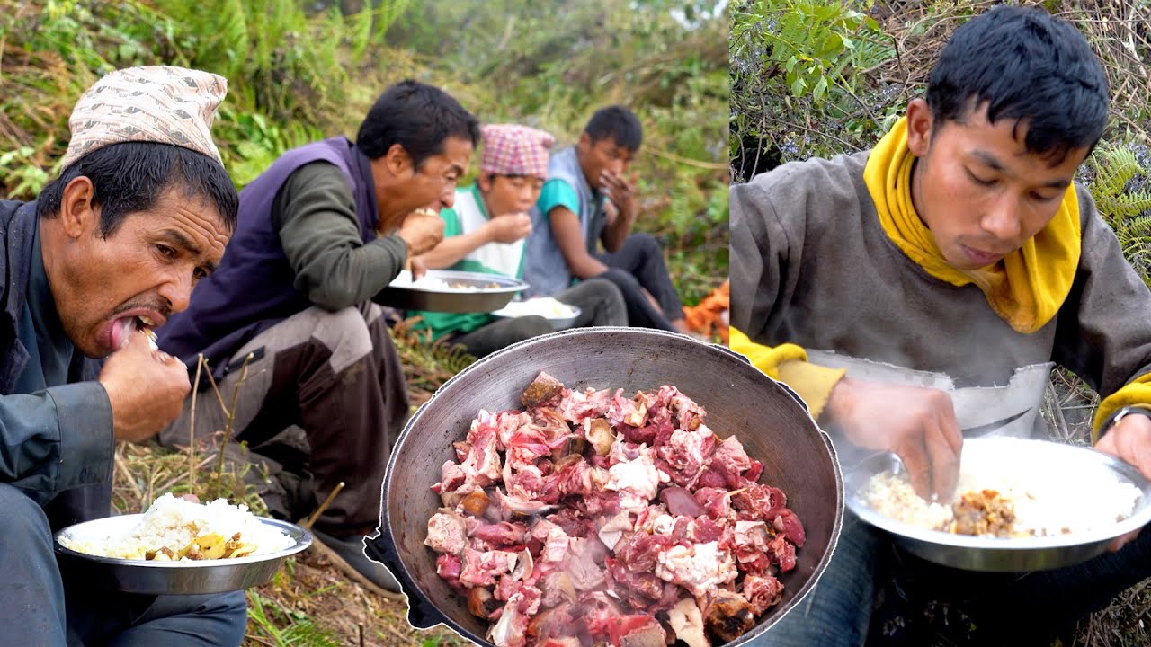 shepherd people cooking & having meat curry with rice in the sheep land ...