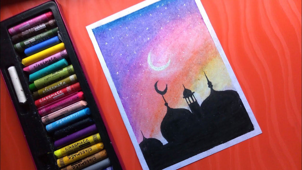 Ramadan Scenery Drawing with oil Pastel || Oil pastels painting - YouTube