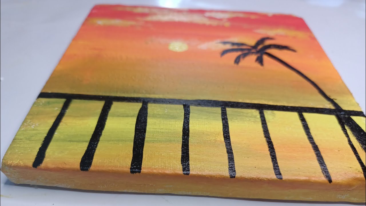 Acrylic Painting Sunset Beach Palm Tree | Simple Sunset Painting on ...