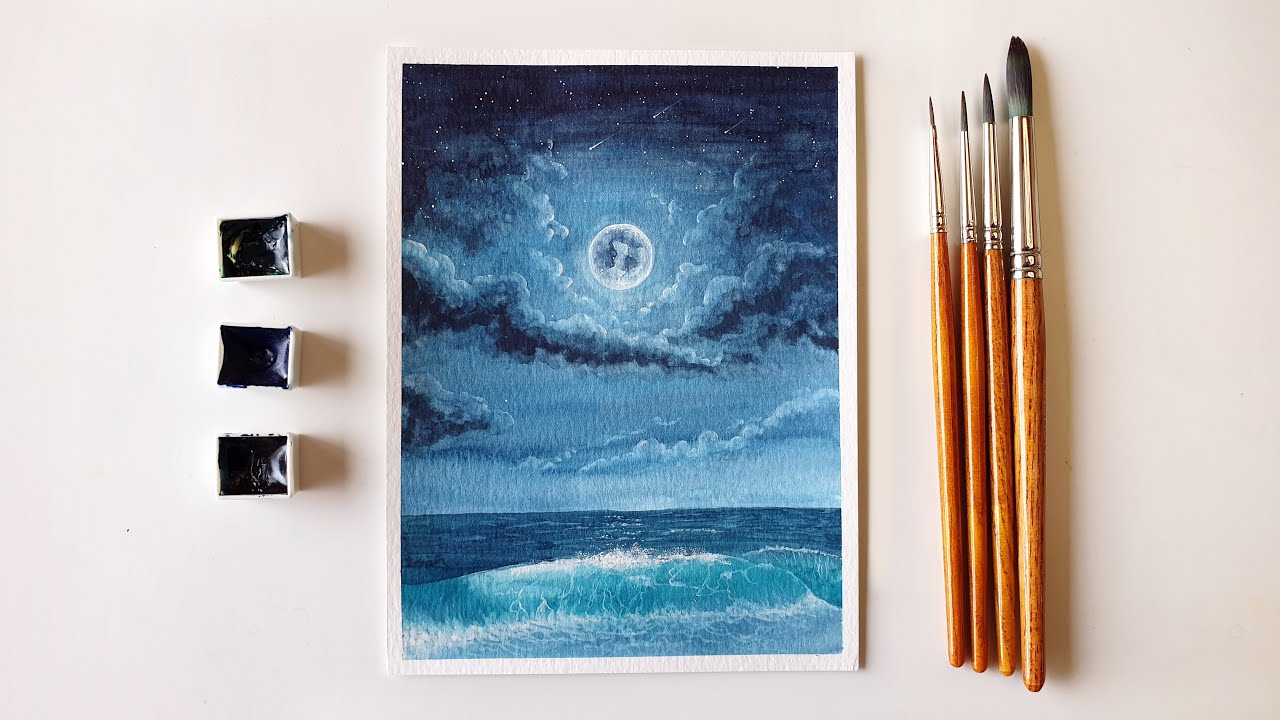 Moonlight Ocean Painting with Watercolor - YouTube