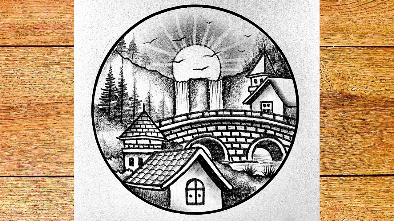 How to drawing mountains sun rising waterfall scenery - YouTube