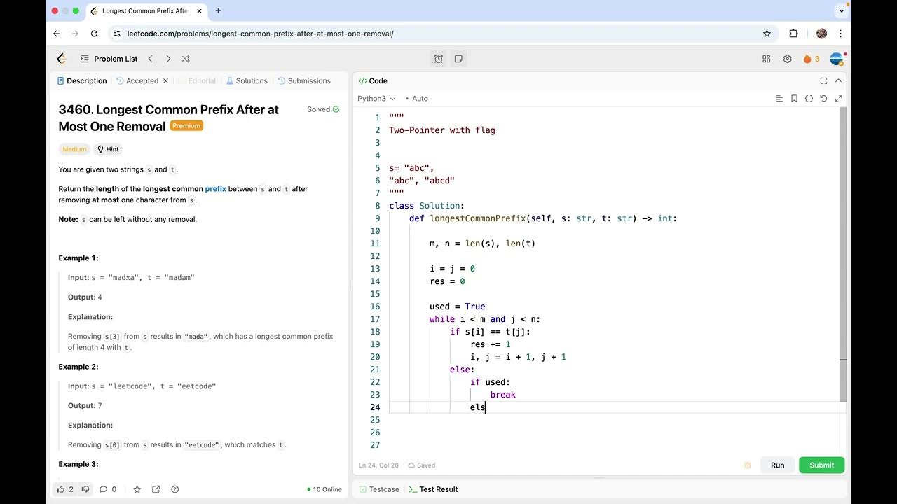 leetcode 3460 Longest Common Prefix After at Most One Removal | two pointer with flag - YouTube