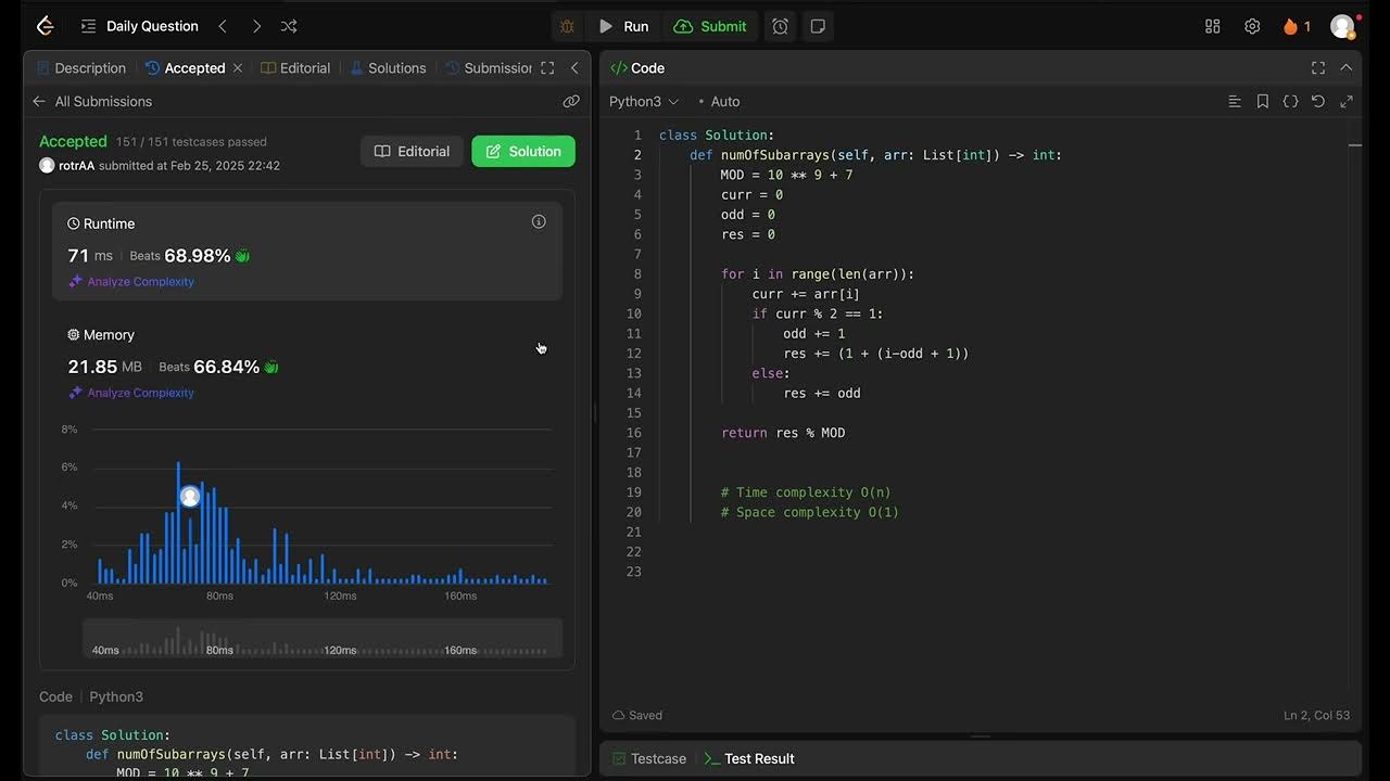 Leetcode 1524 - Number of Sub-arrays With Odd Sum - Python [ O(1) space ] - YouTube