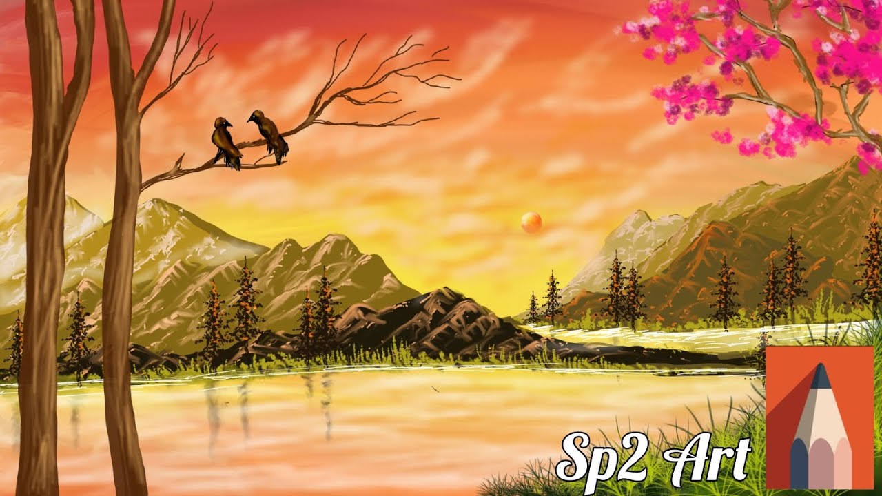 how to draw beautiful sunset scenery / morning sun rise painting ...