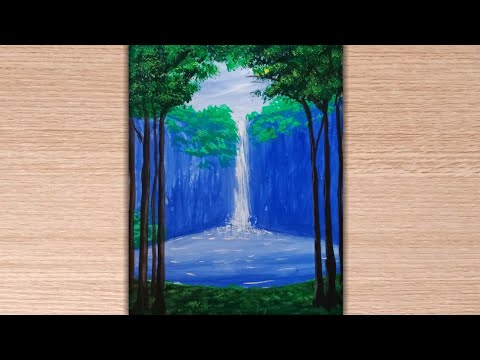 Easy Waterfall painting tutorial for beginners//How to paint waterfall ...