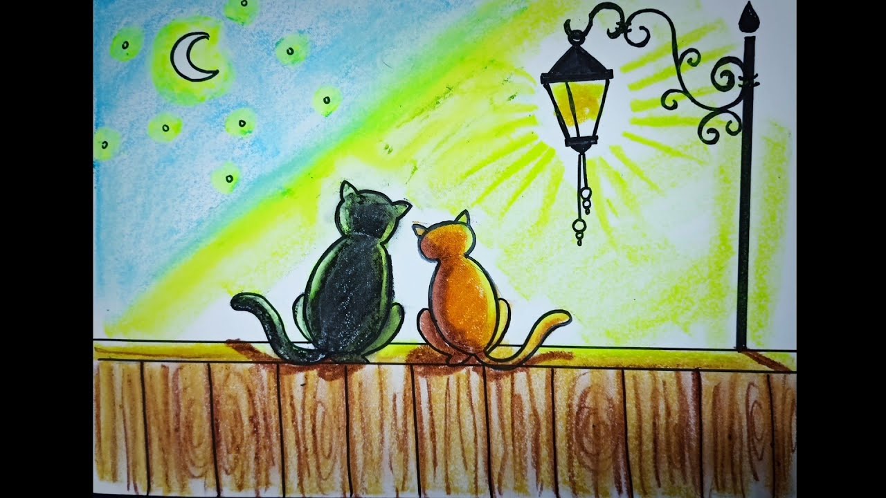 TWO CATS DRAWING WITH OIL PASTELS EASY STEP BY STEP - YouTube