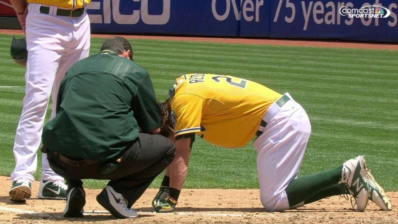 KC@OAK: Reddick shaken up on foul tip off his leg - YouTube