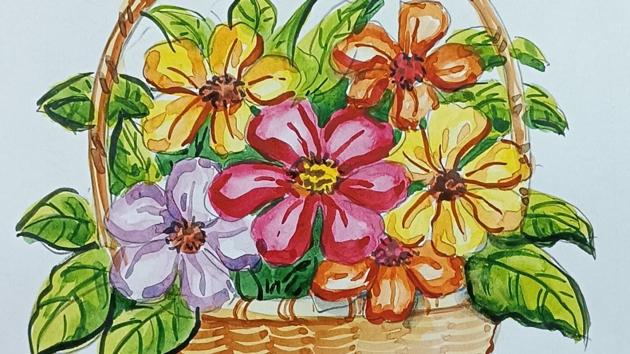 How to draw flower busket drawing in water colour।Artist Pradip Pal ...