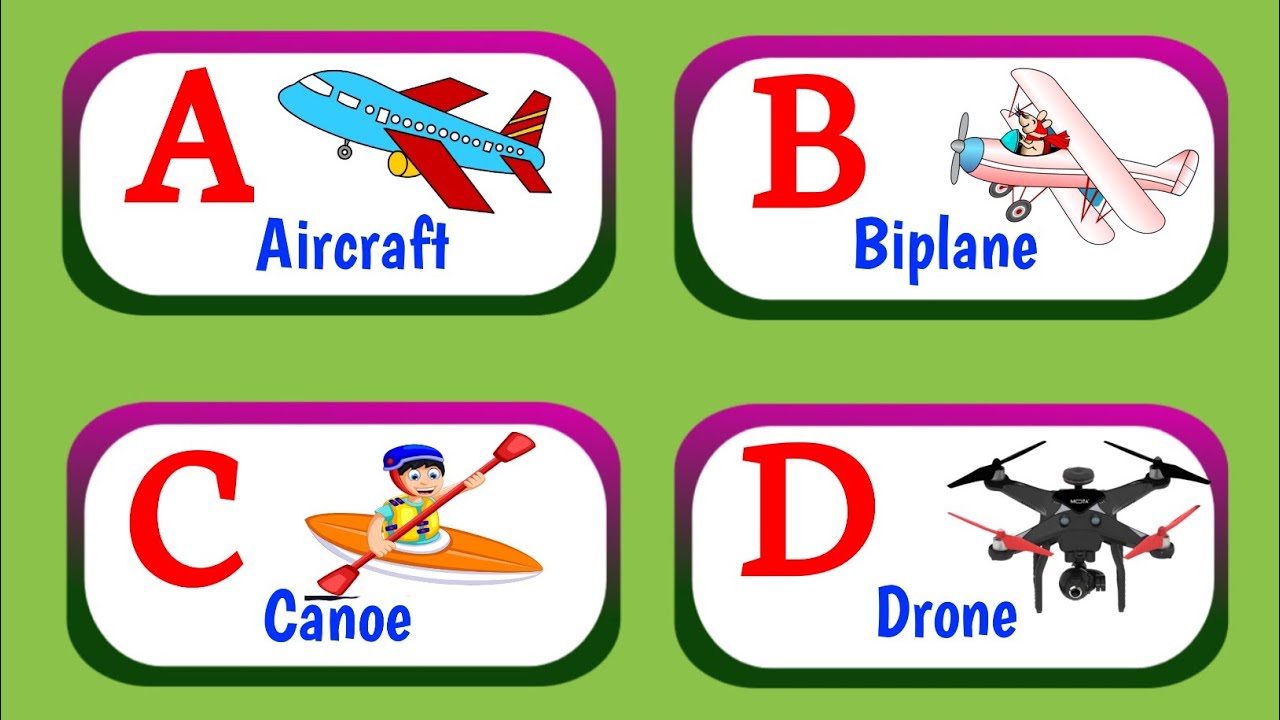 English alphabet,abcd with live intresting example, a for aircraft ...