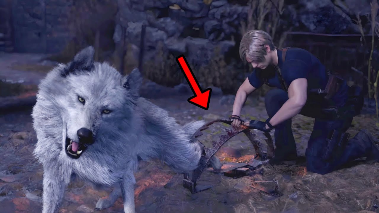Leon saves a trapped dog from a bear trap | Resident Evil 4 Remake ...