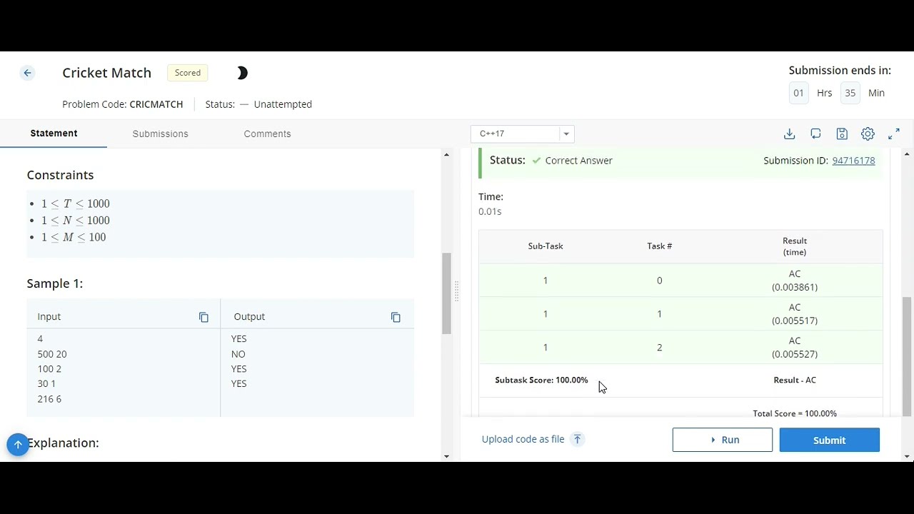 Cricket Match Codechef Solution Starter 86 Codechef Contest Youtube