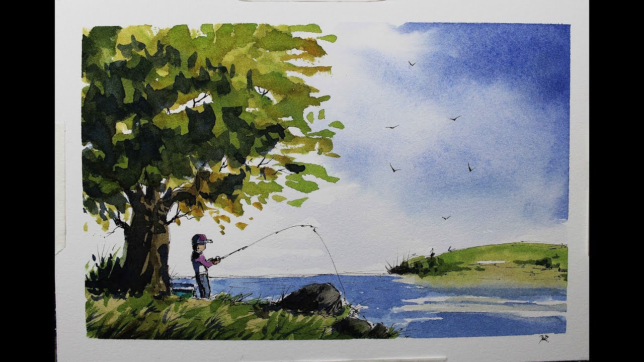 How to draw and paint scenery of fishing step by step full tutorial in ...