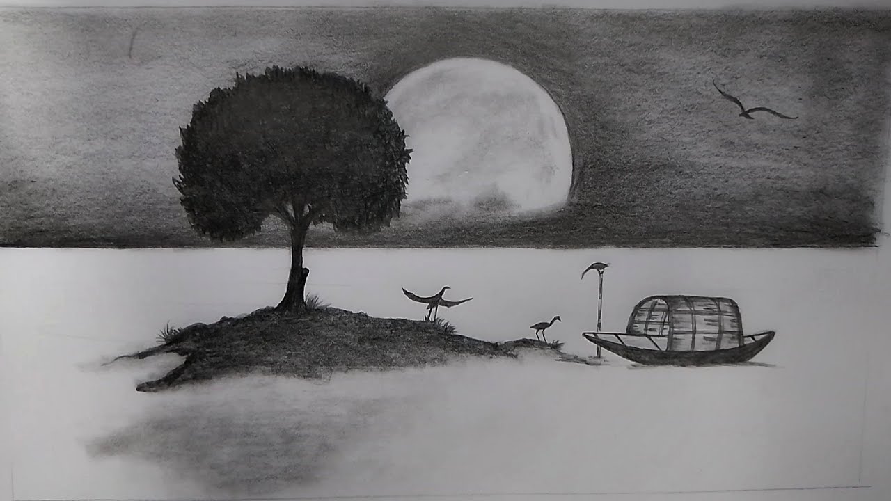 How to Draw Scenery of Moonlight Night bypencil sketch | Love Birds ...