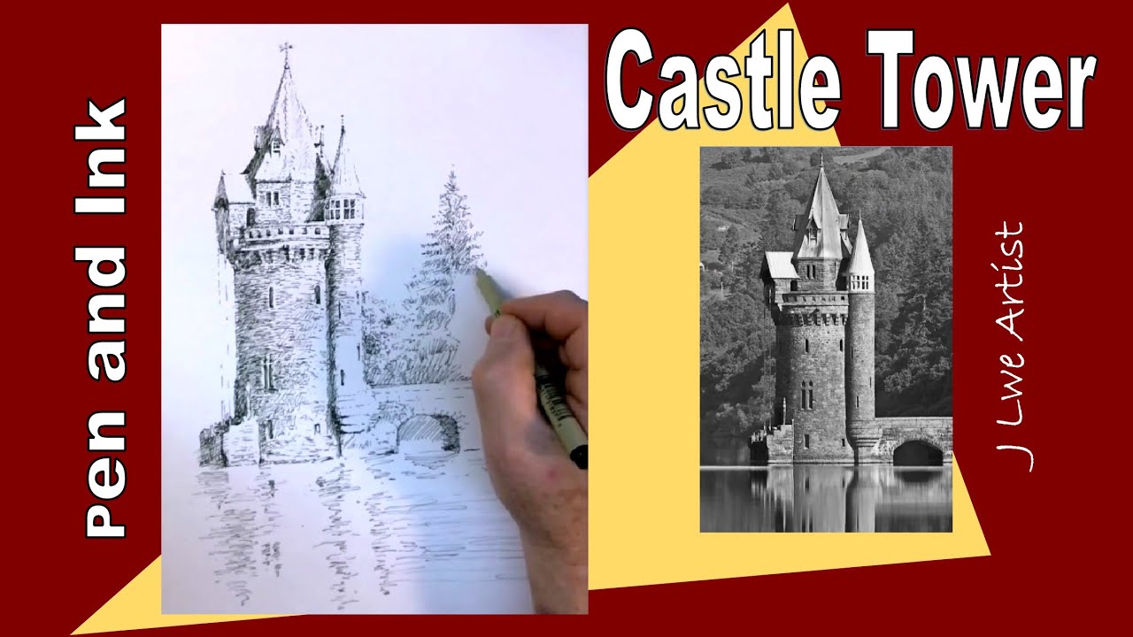 How to draw castle tower on lake with ink - YouTube