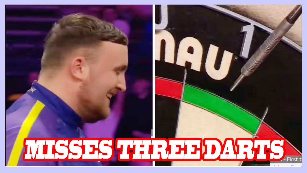 Luke Littler laughs and gestures as MVG misses three darts at double ...