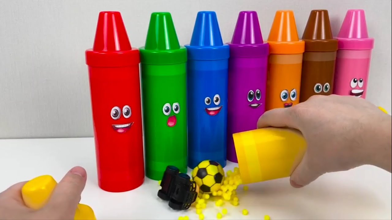Learn Rainbow Colours Squishy Balls with Kinetic Sand Crayon Surprises ...