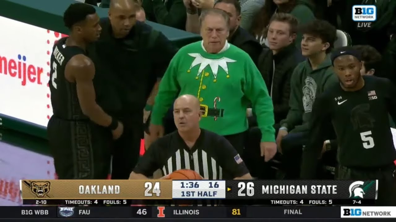 Tom Izzo gets called for technical foul while wearing elf sweater - YouTube