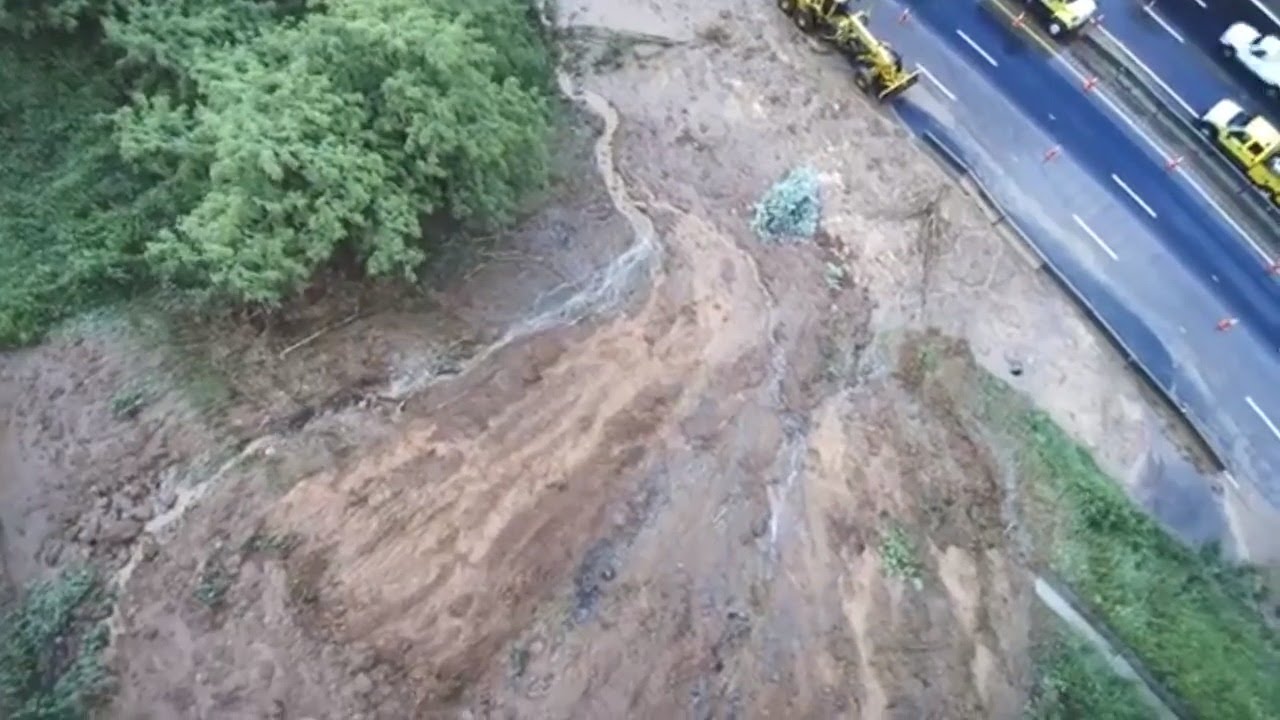 Drone footage captures mudslide that forced partial closure of I-40 ...