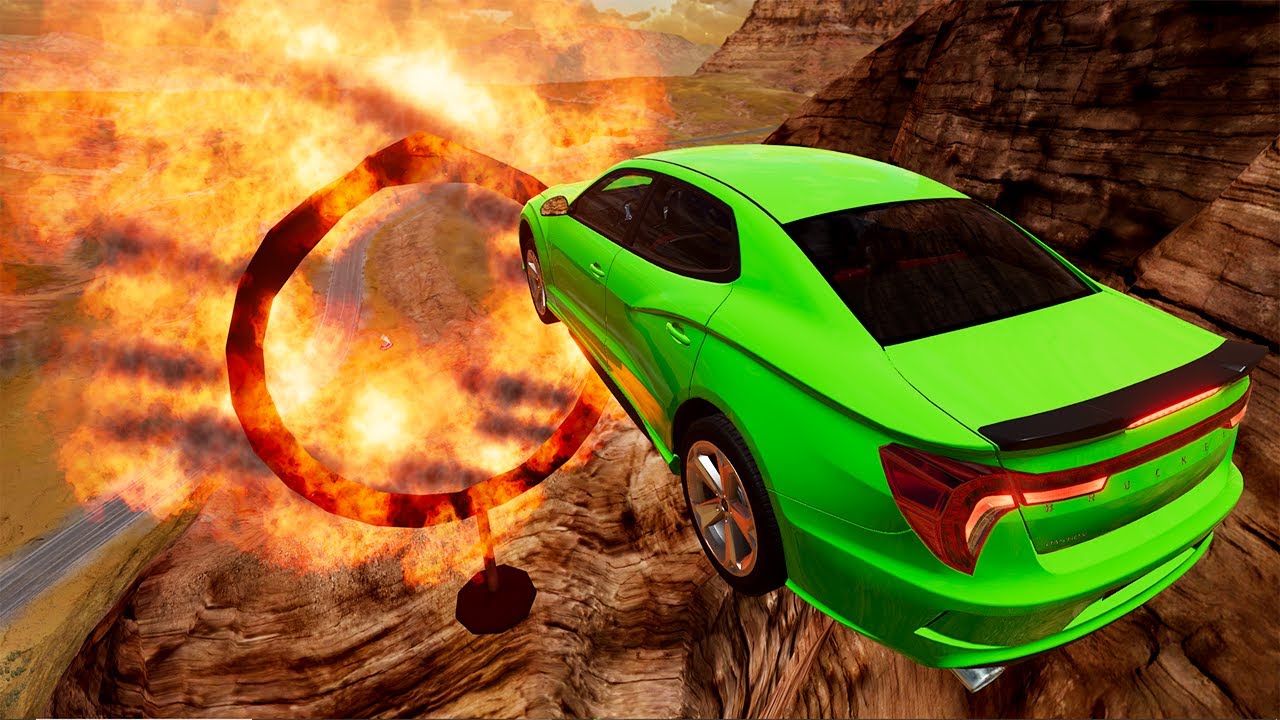 Car Jumps Into Ring Of Fire - BeamNG Drive | BeamNG-Destruction - YouTube