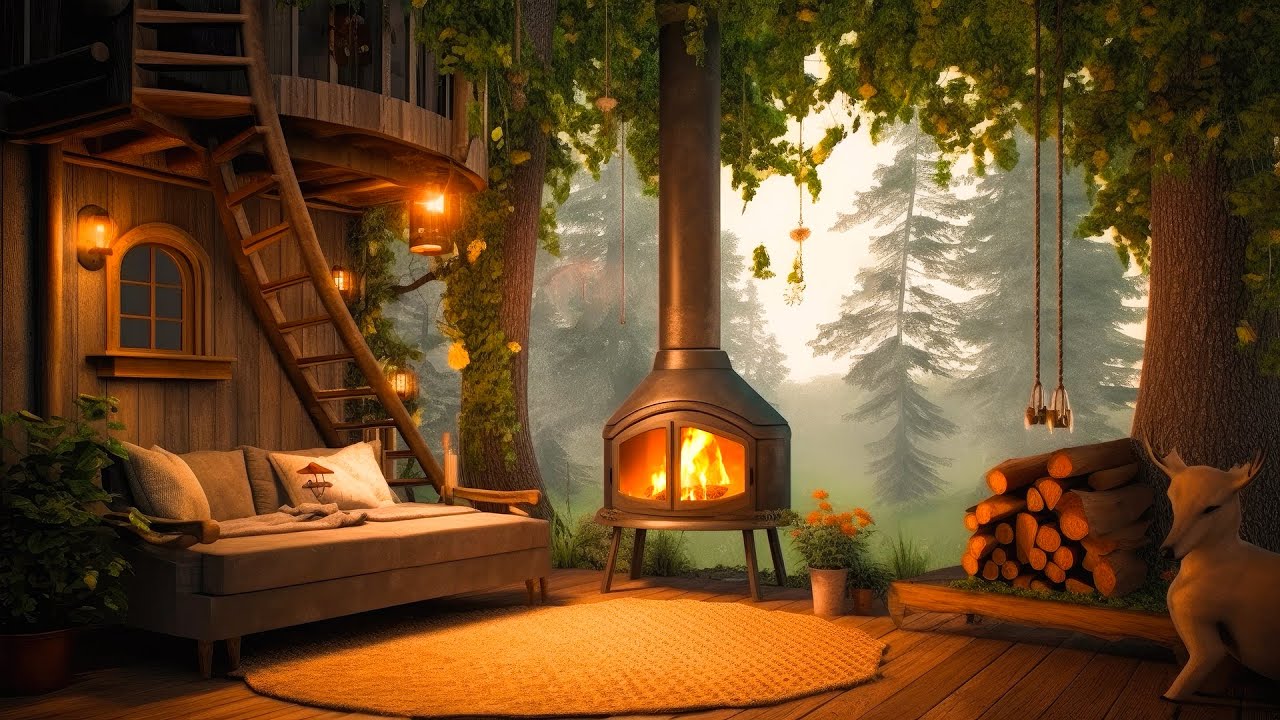 Autumn Cozy Ambience On Treehouse With Birdsong Fireplace And Fall