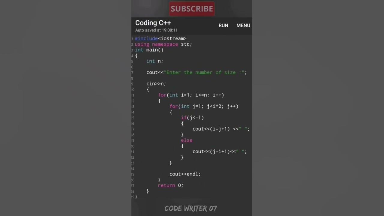 cpp pattern program tutorial || #shorts #coding #youtubeshorts #codewriter07 - YouTube