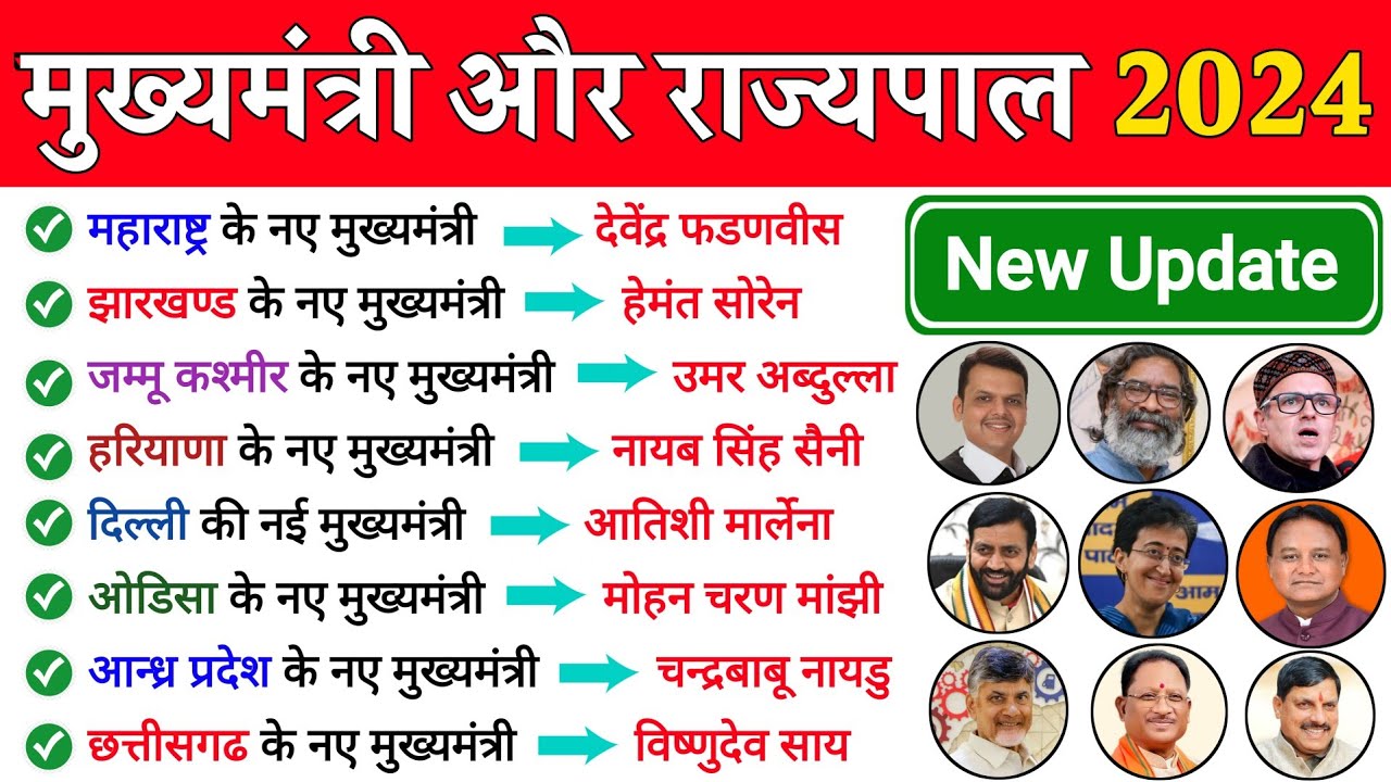 नए मुख्यमंत्री और राज्यपाल 2024 | Mukhyamantri aur Rajyapal 2024 | CM ...