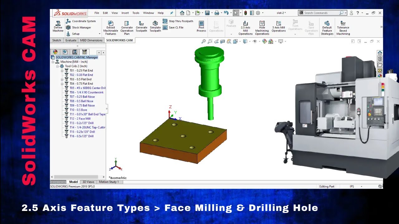 SolidWorks CAM : Face Milling & Drilling Hole - YouTube