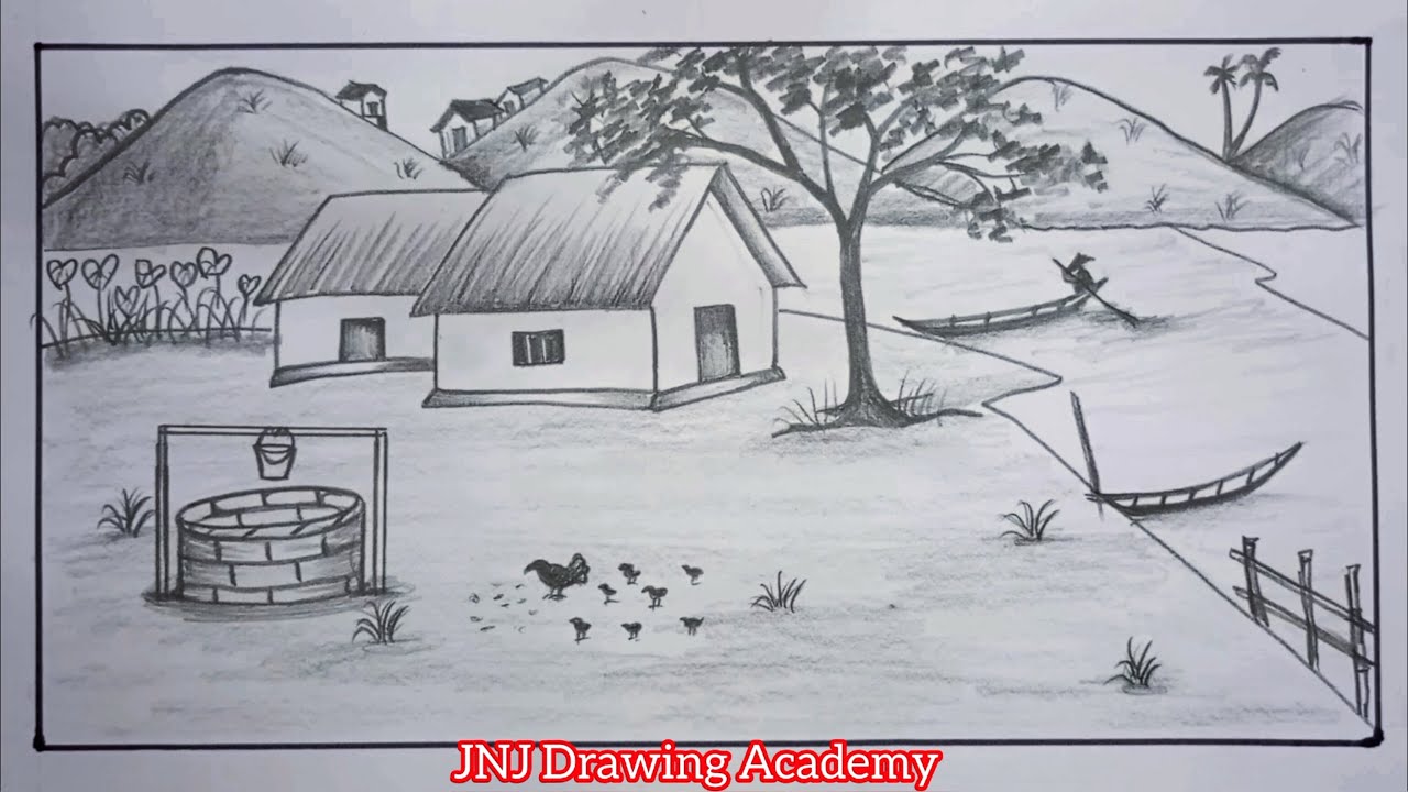 How to draw village scenery with pencil | Prakritik drisso art ...