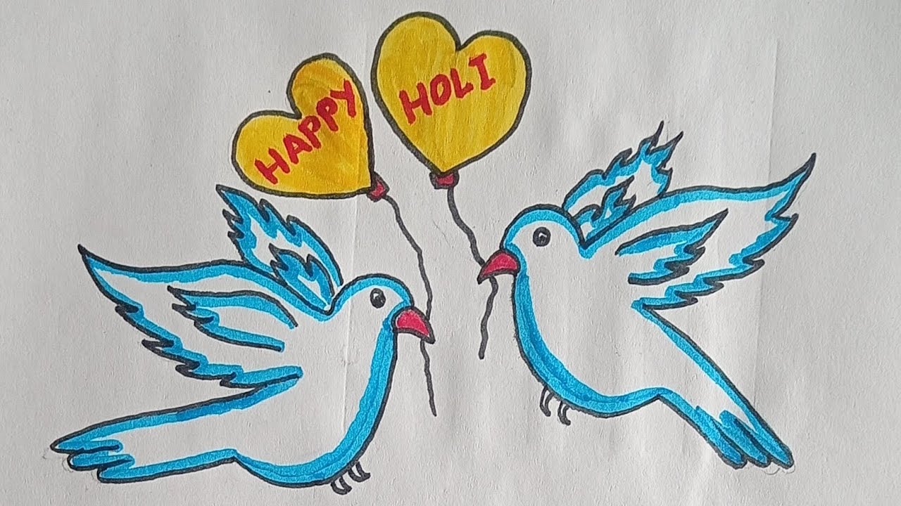 Holi celebration drawing//Easy Holi Drawing With Bird//Holi ka chitra ...