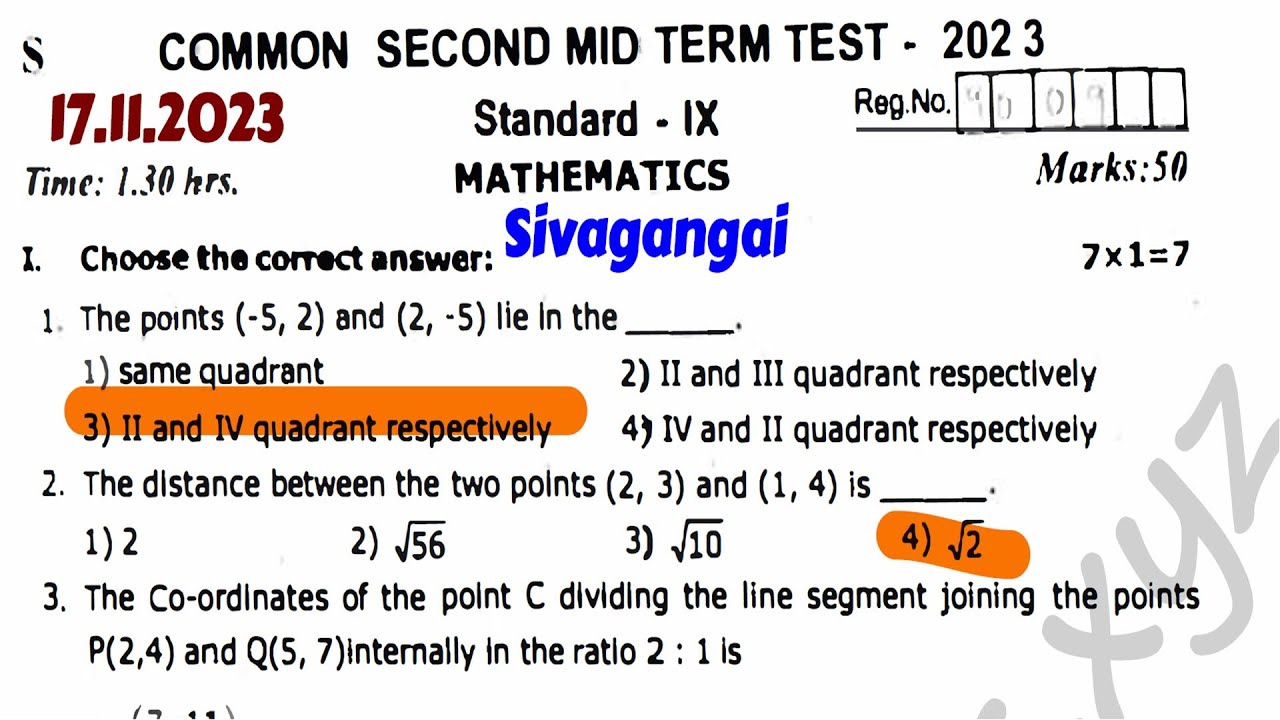 9th standard Maths second midterm question paper 2023 with answer key ...