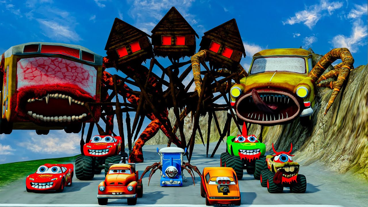 ALL MONSTERS Big & Small Cars vs Downhill Madnes with NEW HOUSE HEAD ...