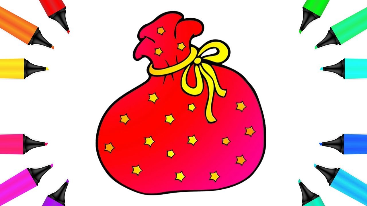 Santa Presents Bag Coloring Page and Drawing with Funny Santa Cartoon ...