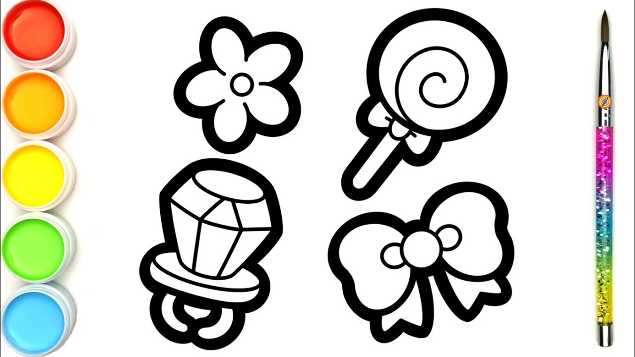 Menggambar dan mewarnai Bunga, Lollipop, Cincin Berlian dan Pita - YouTube