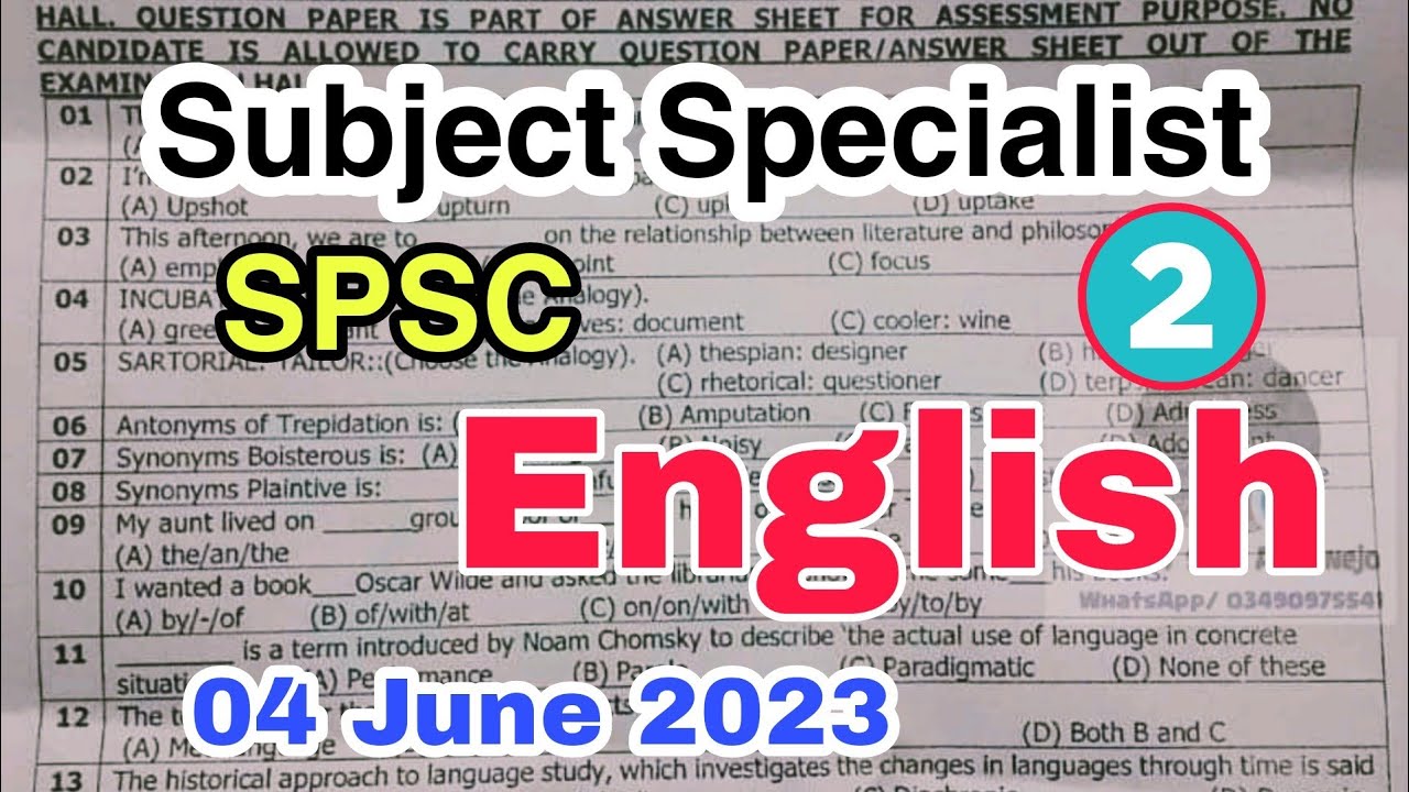 Today subject specialist english ss test paper Bps 17 Part 02 04 June ...