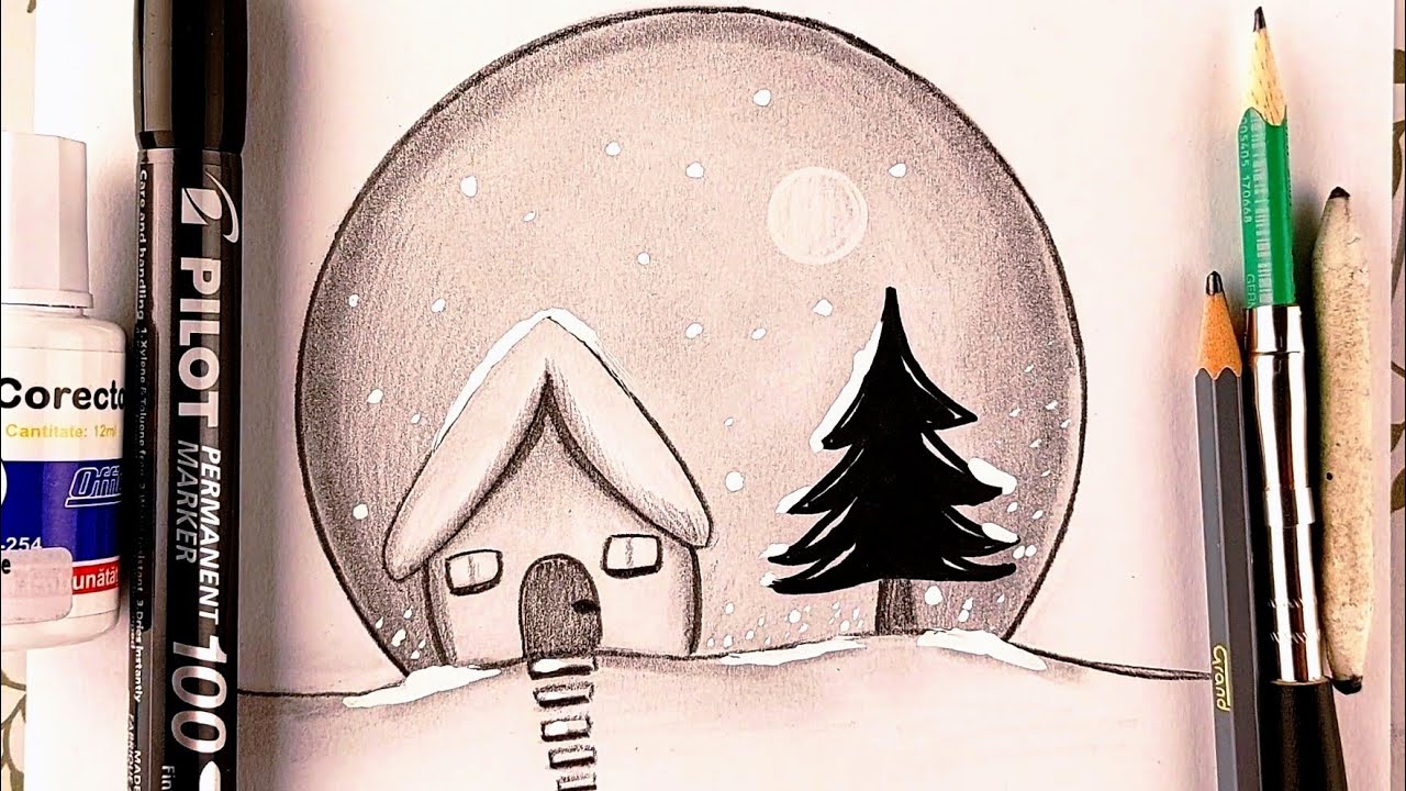 How to draw a winter landscape/ Landscape drawn in pencil step by step ...