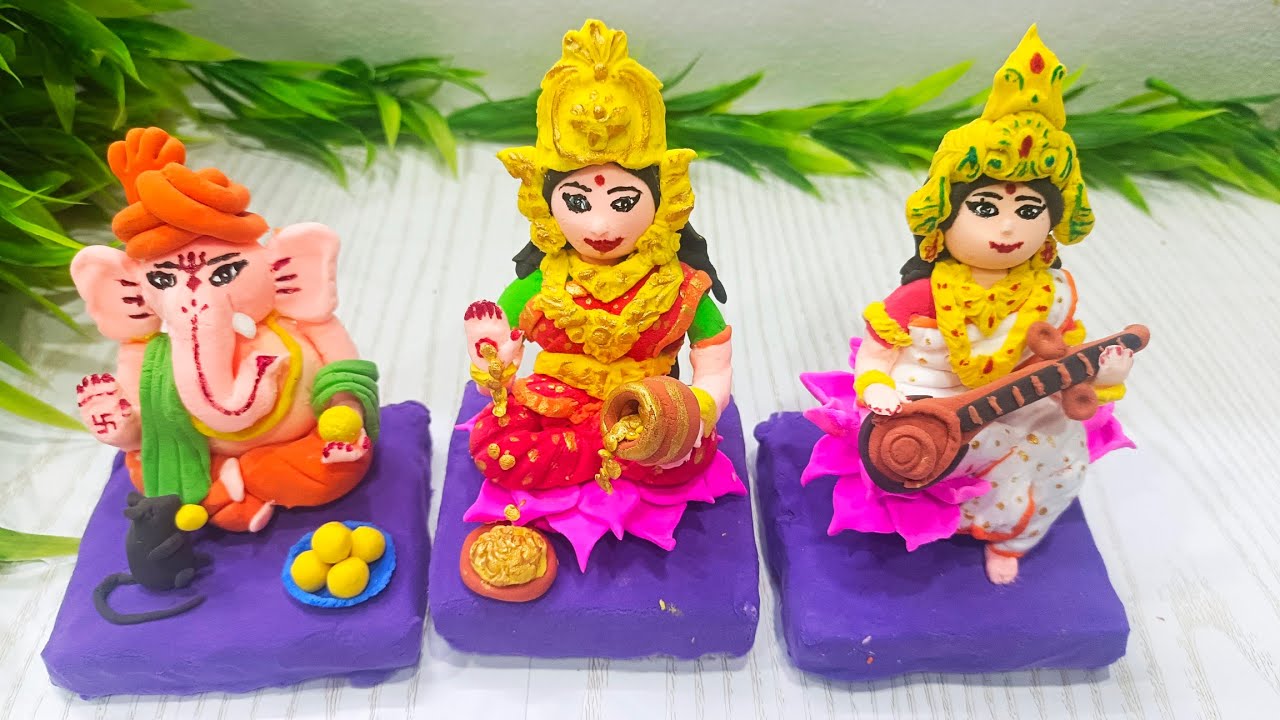 Diy Laxmi Ganapati Saraswati Clay Idols | Making process step by step ...
