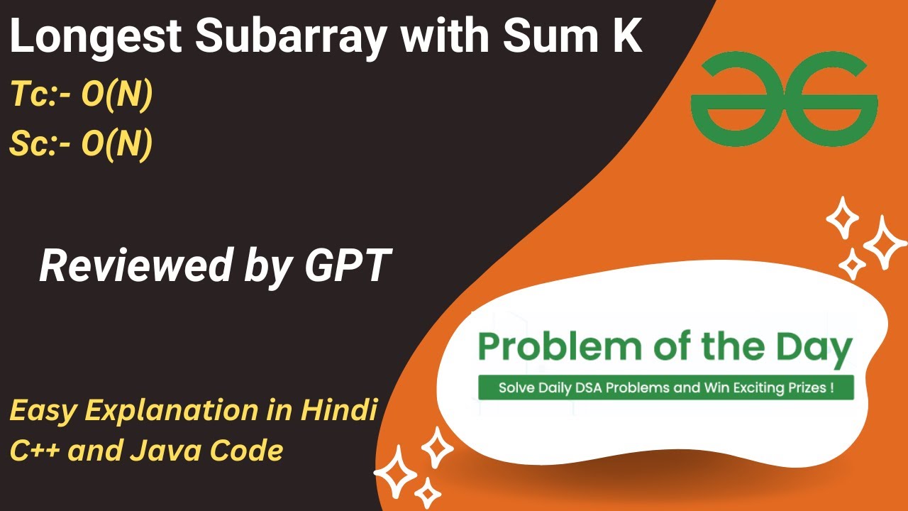 Longest Subarray With Sum K Hashing Gfg Potd C Java Code 0939