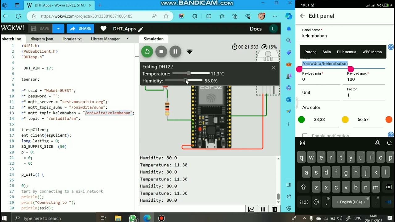 Program MQTT menggunakan ESP32 dengan Sensor DHT22 dan LED di wokwi - YouTube