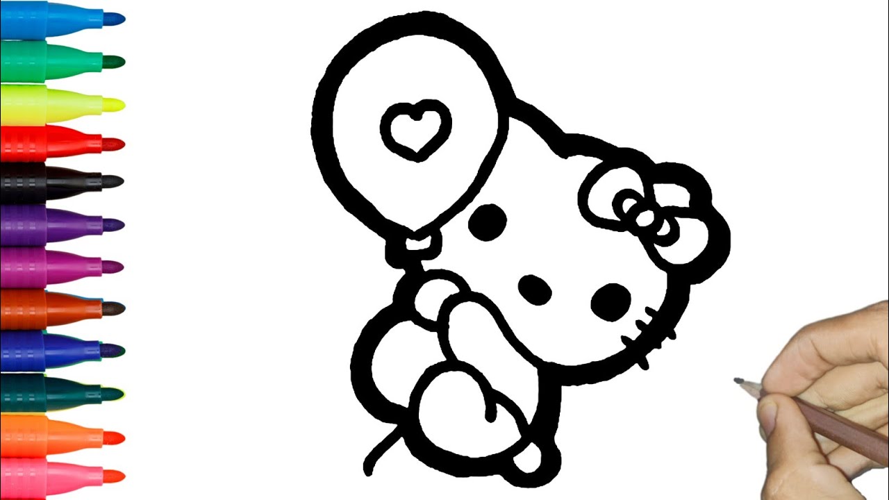 Hello Kitty with Balloon Drawing and Coloring for Kids Toddlers How to ...